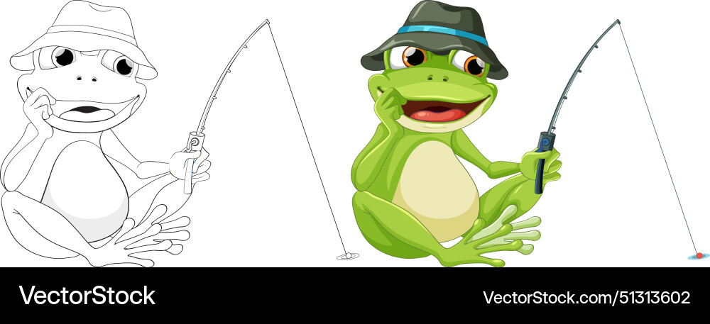 Cartoon frog fishing with a happy expression Vector Image