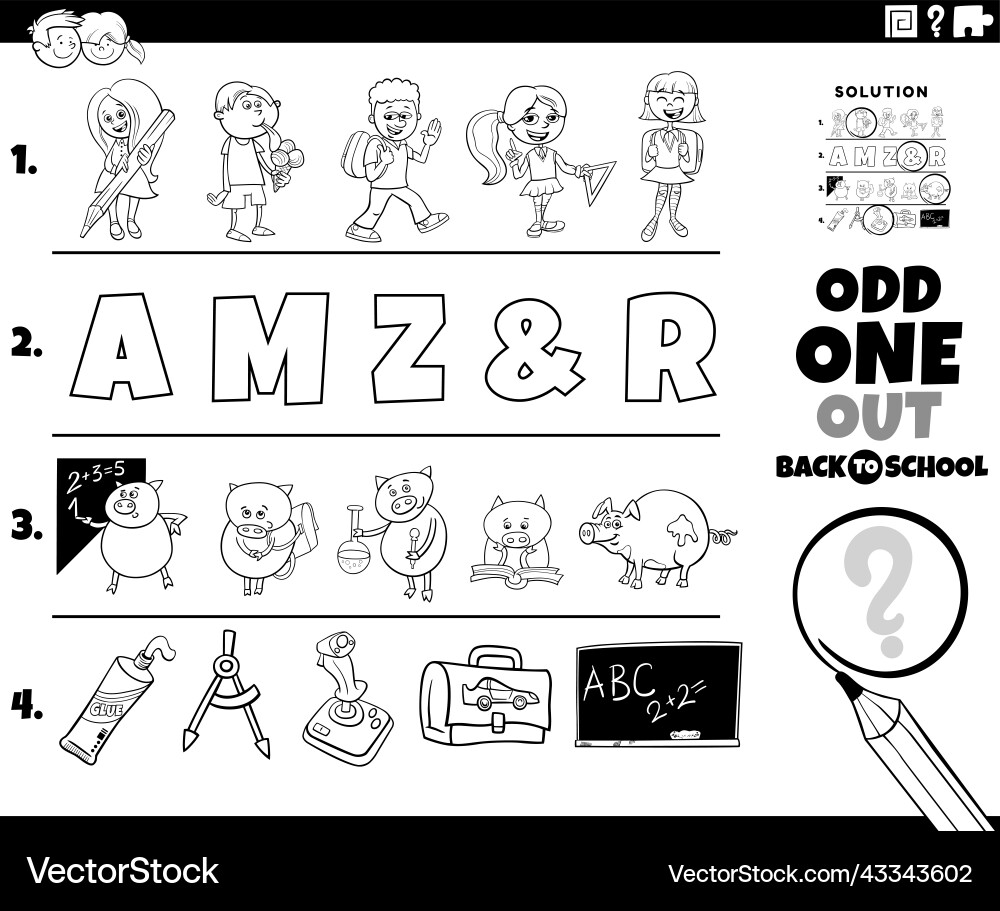 Odd one out task with cartoon characters coloring Vector Image