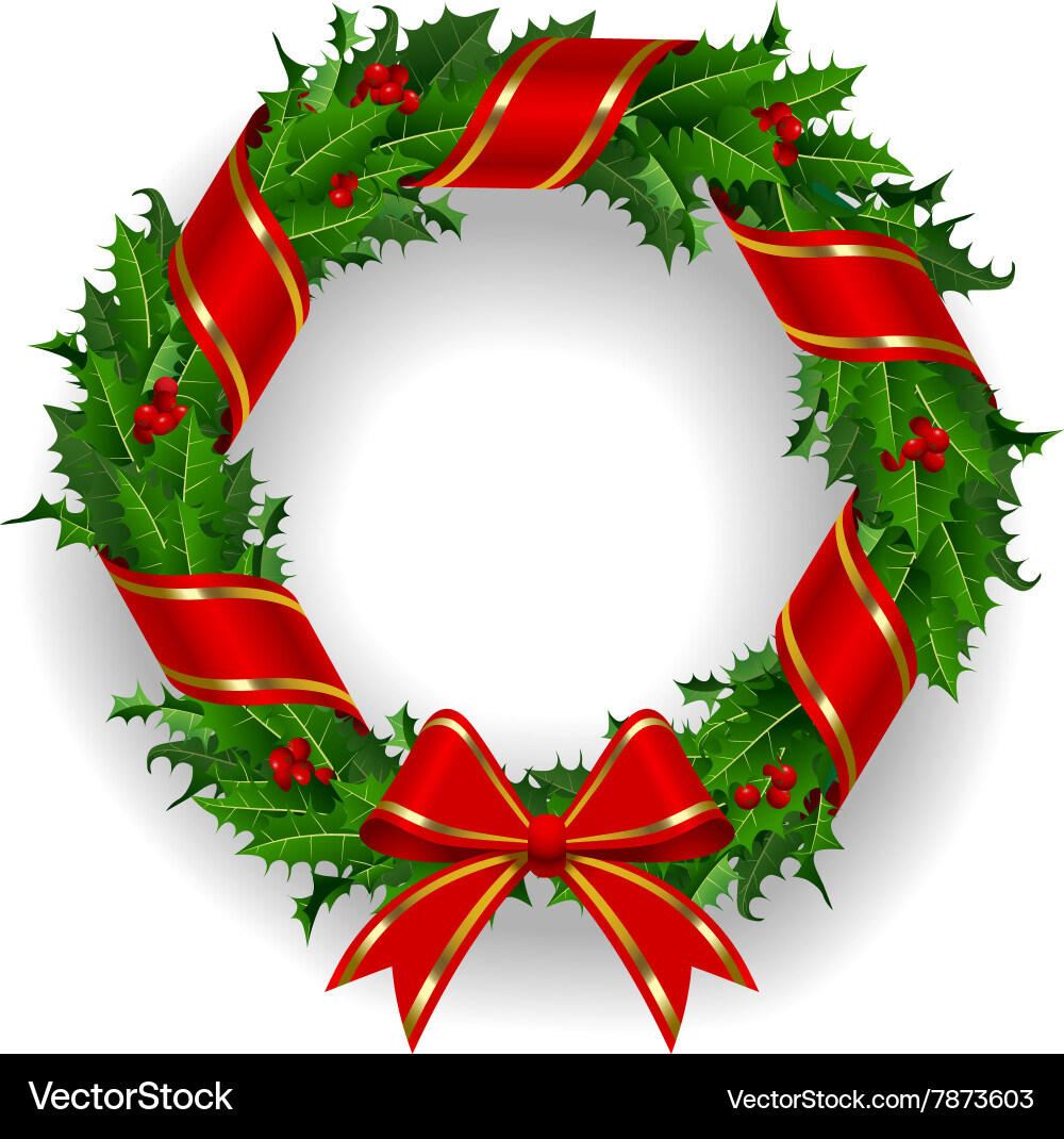 Holly wreath with a red ribbon Royalty Free Vector Image