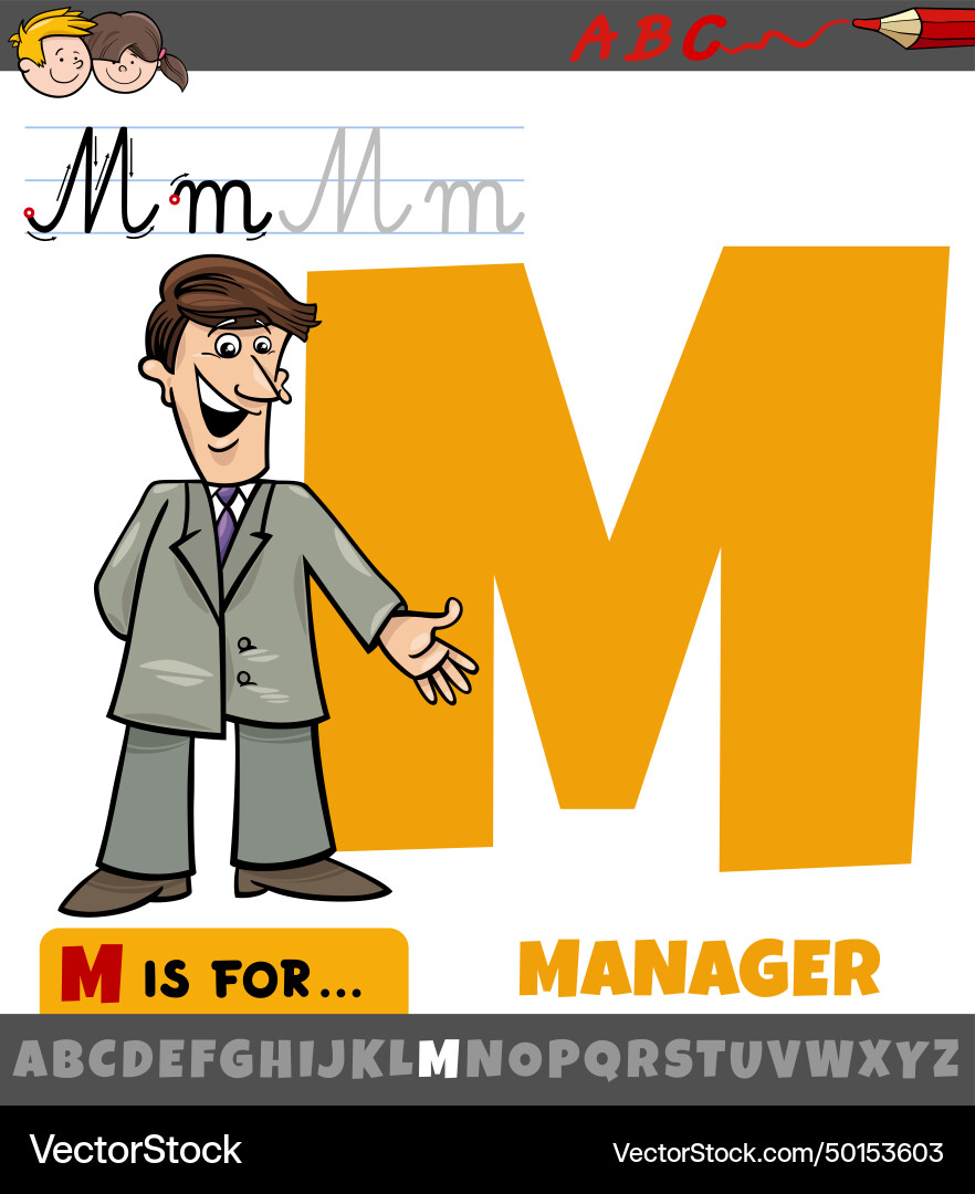 Letter m from alphabet with cartoon manager Vector Image