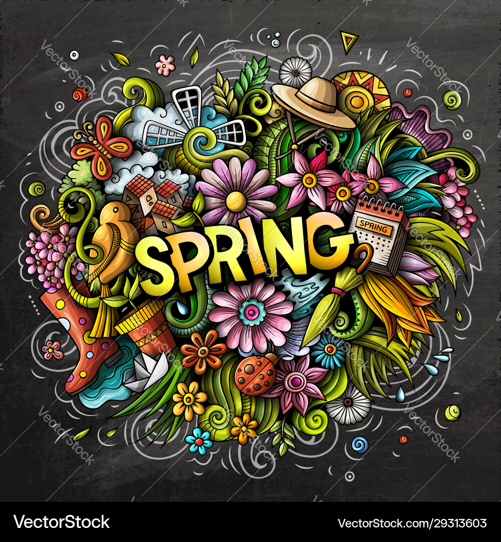 Spring hand drawn cartoon doodles Royalty Free Vector Image