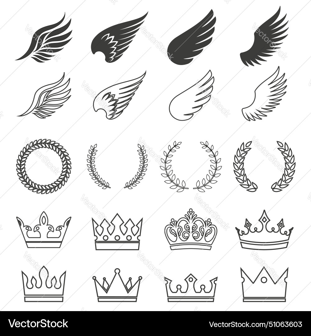 Wings and crown icons set Royalty Free Vector Image