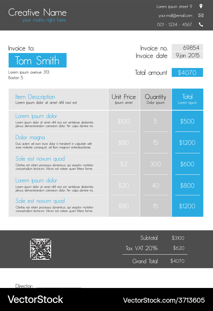 Invoice template - blue theme with big item tab Vector Image