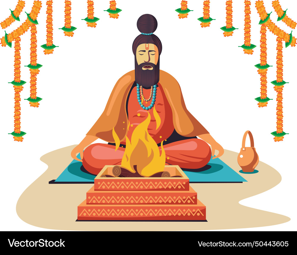 Sadhu doing havan in front of fire Royalty Free Vector Image