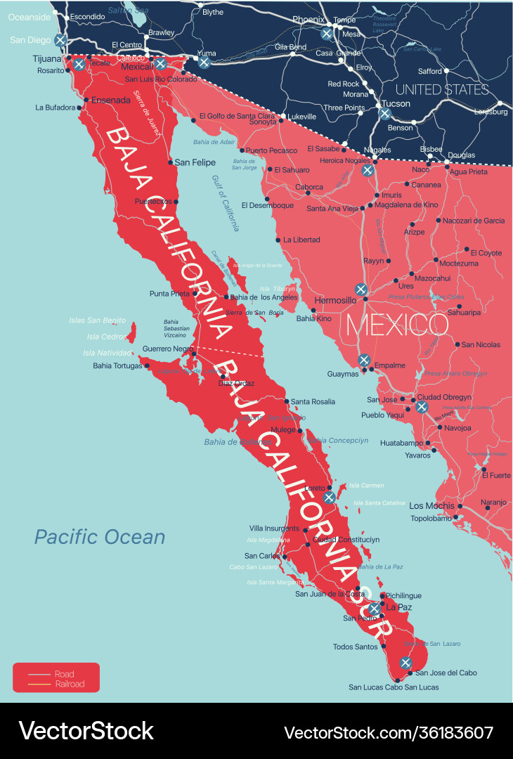 Baja california region detailed editable map Vector Image