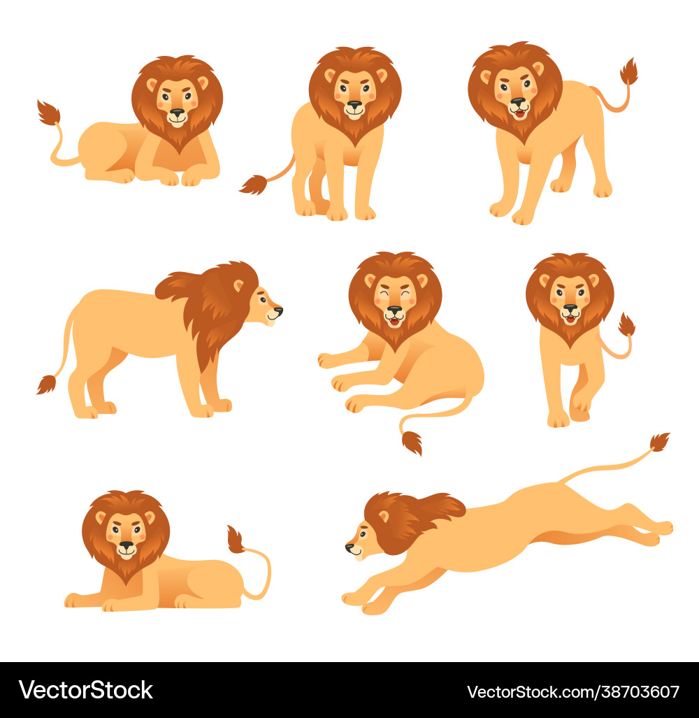 Cute cartoon lion in different poses set Vector Image