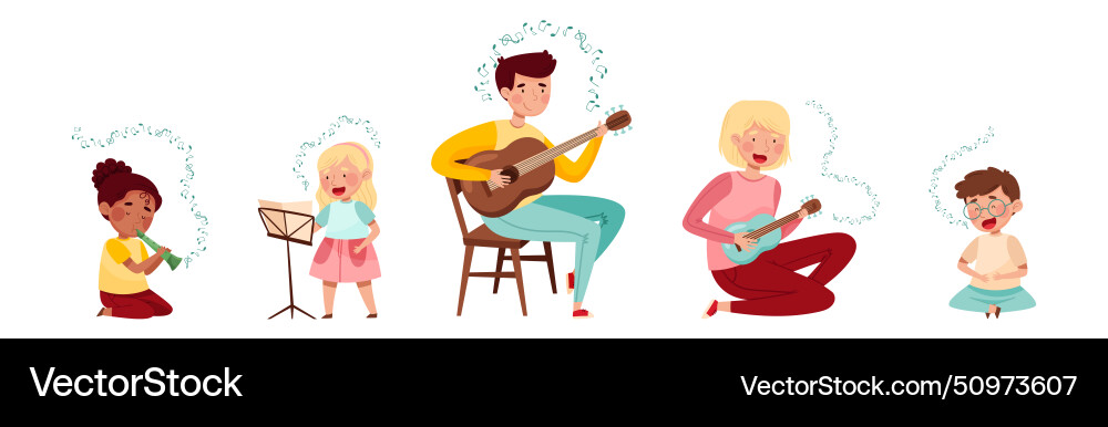 Funny kid character playing musical instrument Vector Image
