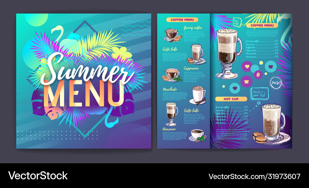 Restaurant summer tropical gradient coffee menu Vector Image