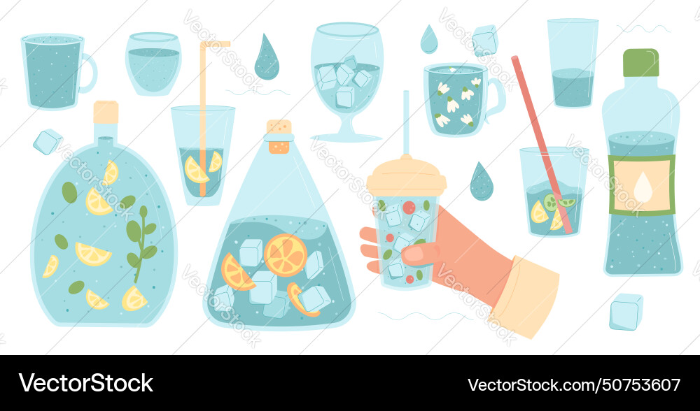 Water with addition in different containers set Vector Image