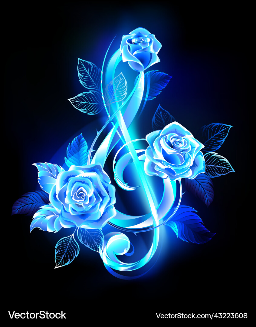 Fiery treble clef with blue roses Royalty Free Vector Image