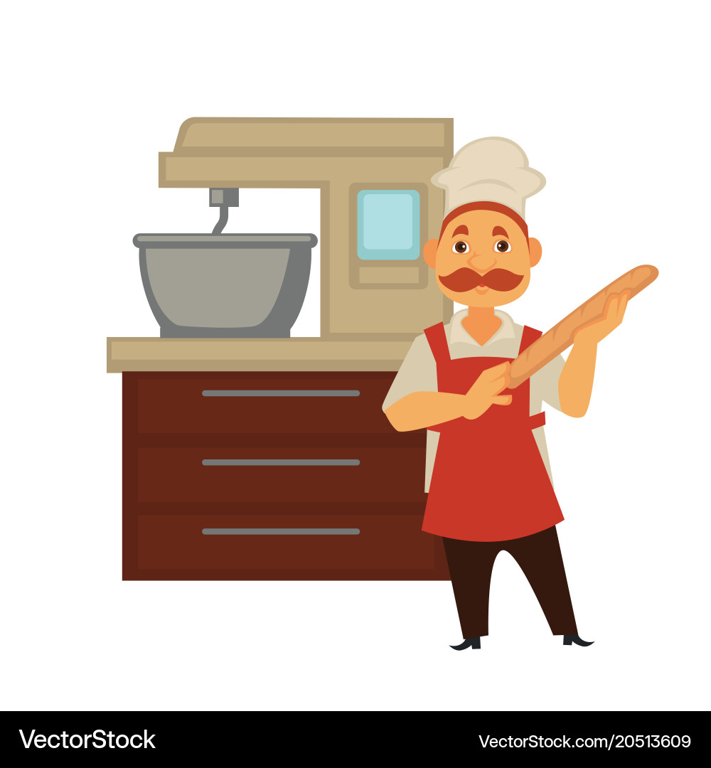 Baker man in bakery shop baking bread or kneading Vector Image