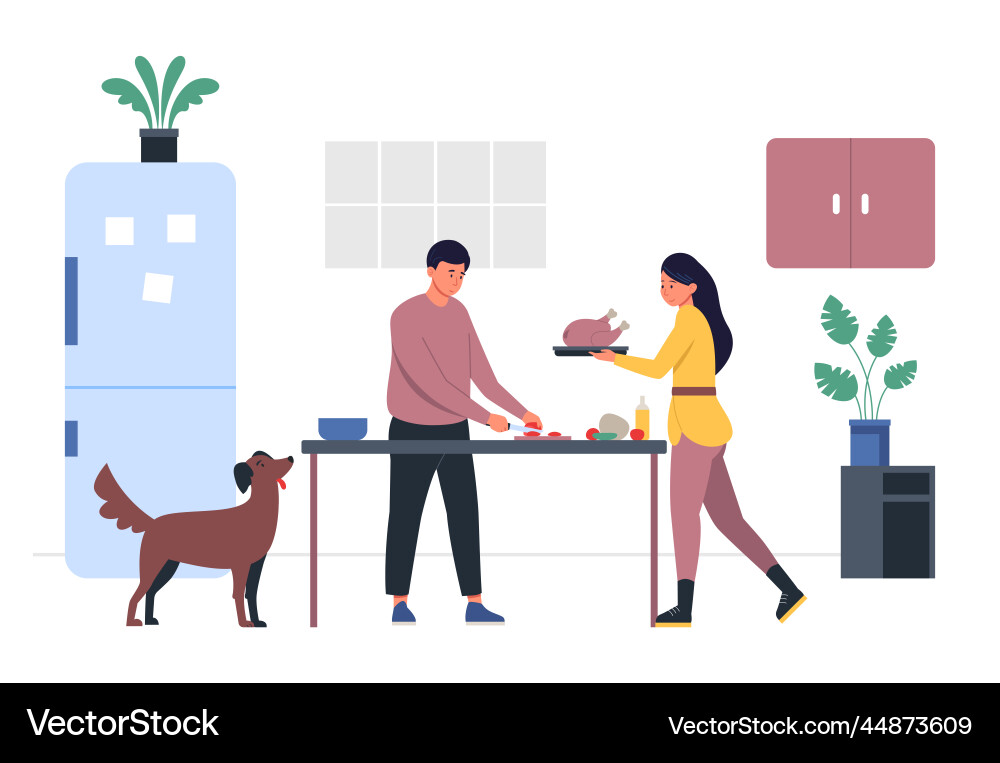 People cooking dinner in kitchen man cutting Vector Image