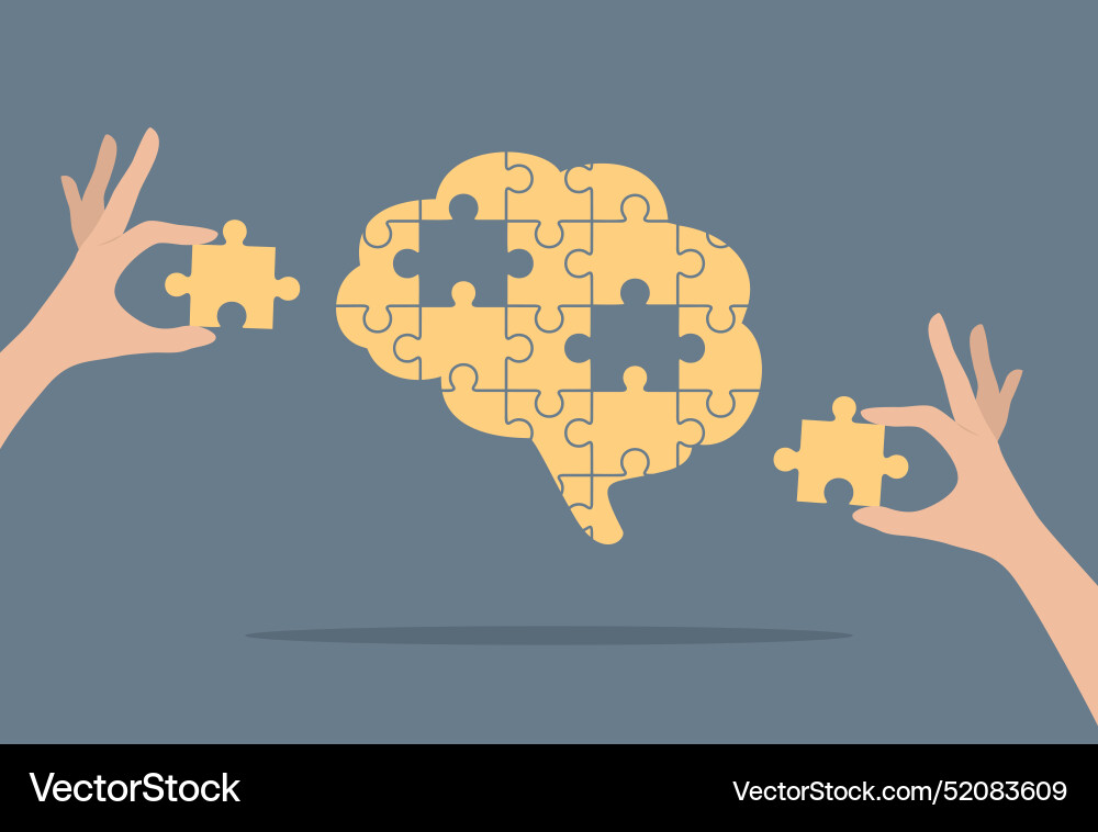Two hands and yellow puzzle brain Royalty Free Vector Image