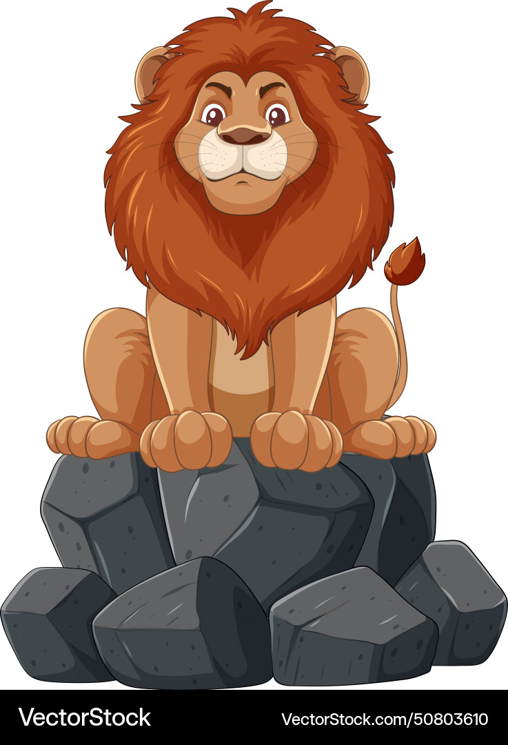 Cartoon lion perched confidently on stone boulders