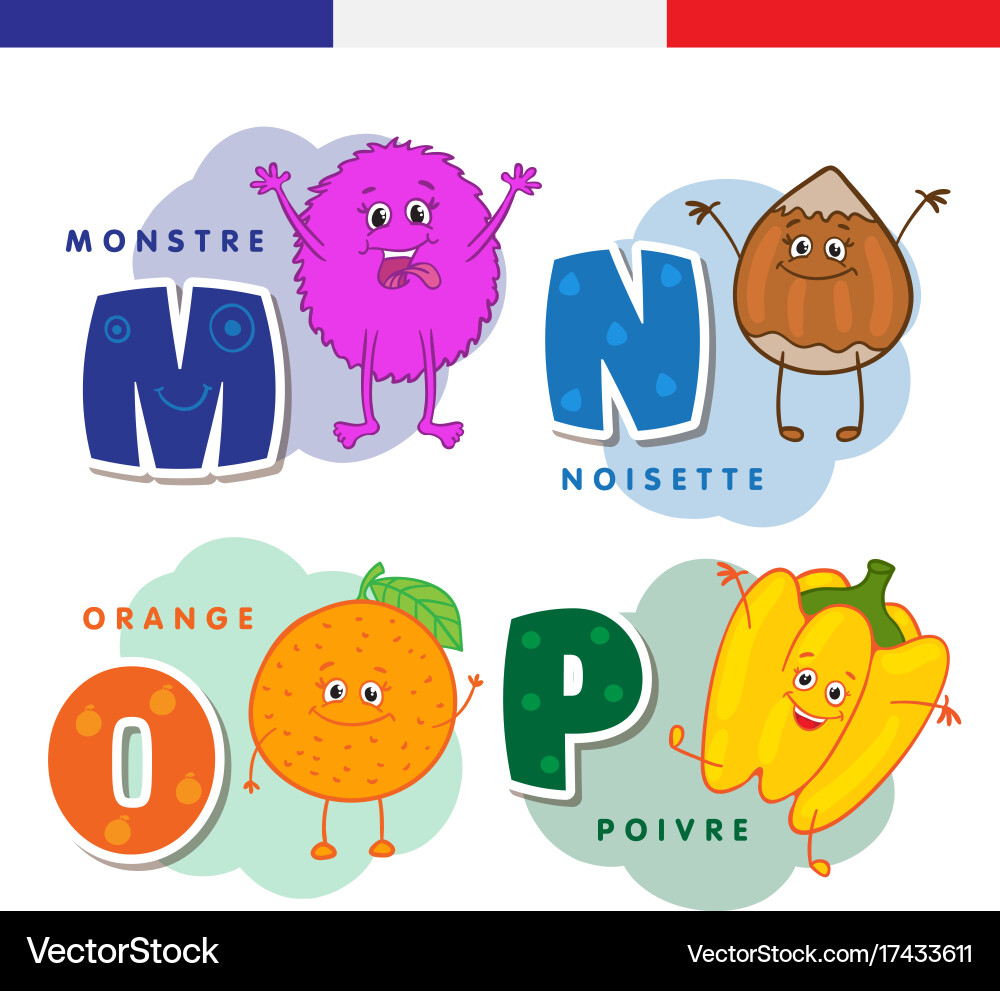 French alphabet monster hazelnuts orange Vector Image
