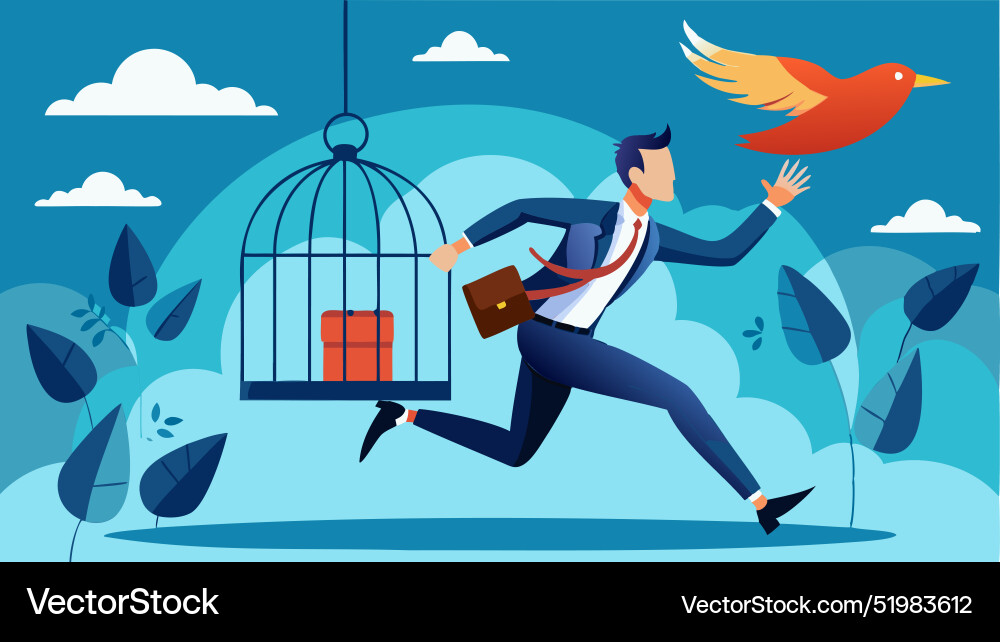 Businessman escaping birdcage for freedom Vector Image