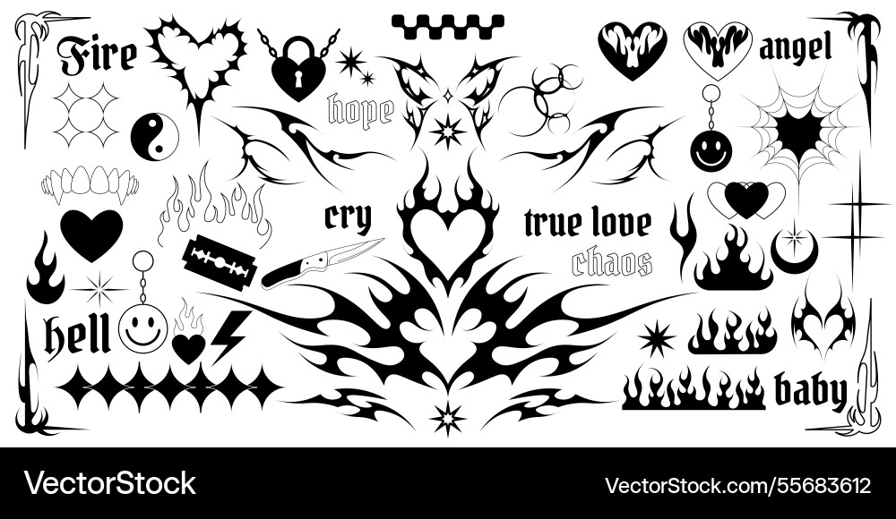 Y2k flame set gothic fire heart girly tribal Vector Image