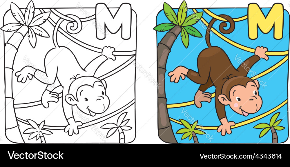 Cute Monkey on Alphabet M Coloring Page Royalty Free Vector