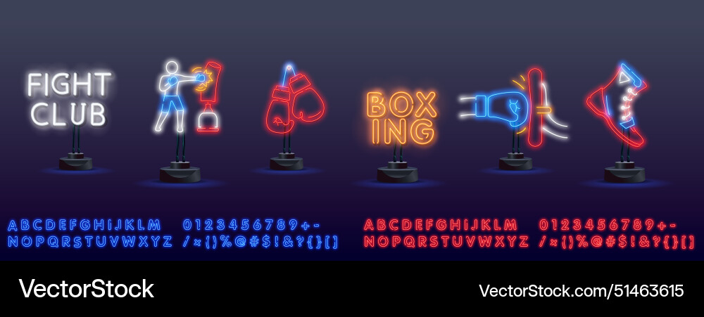 Boxing icons set sport tool neon light Royalty Free Vector