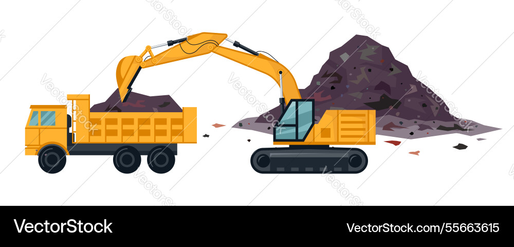 Excavator loading dump truck with ground Vector Image