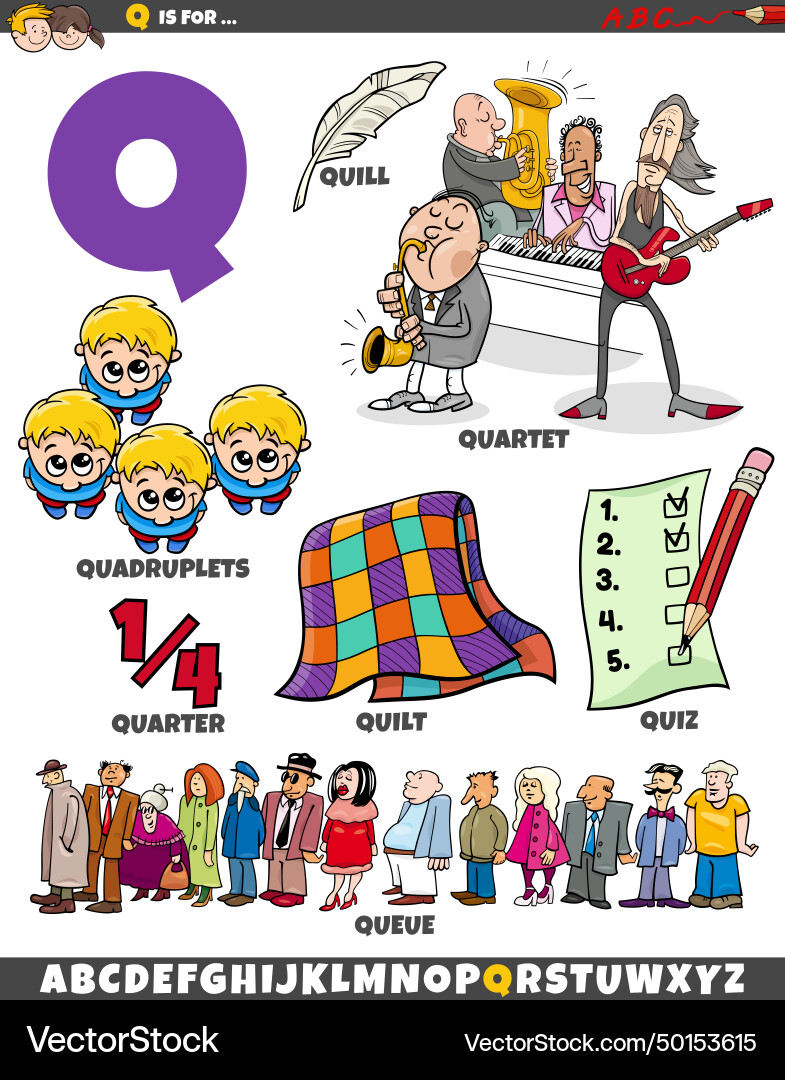 Letter q set with cartoon objects and characters Vector Image