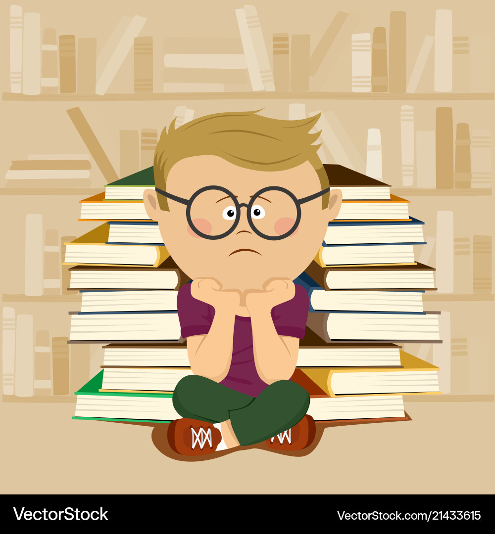 Unhappy nerd boy sitting in school library Vector Image