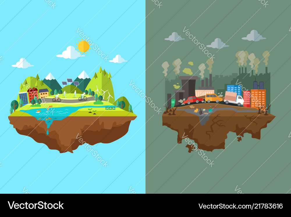 Comparison of clean city and polluted Royalty Free Vector