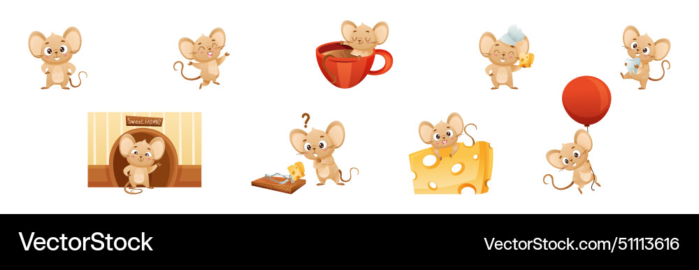 Cute mouse character engaged in different activity