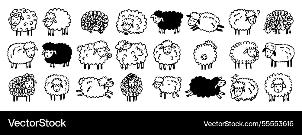 Doodle hand drawn funny cute sheep outline set Vector Image
