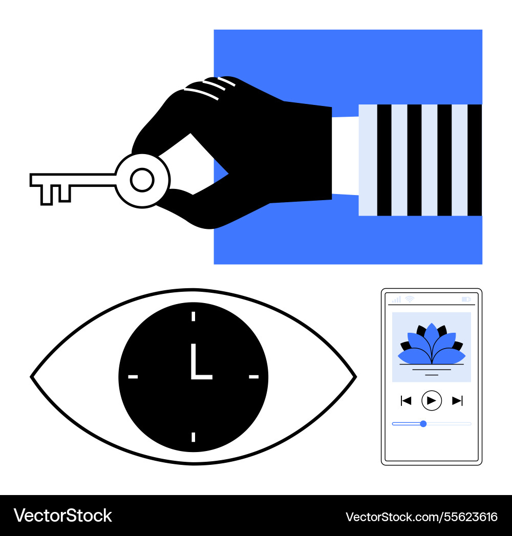 Hand holding key eye with clock and smartphone Vector Image