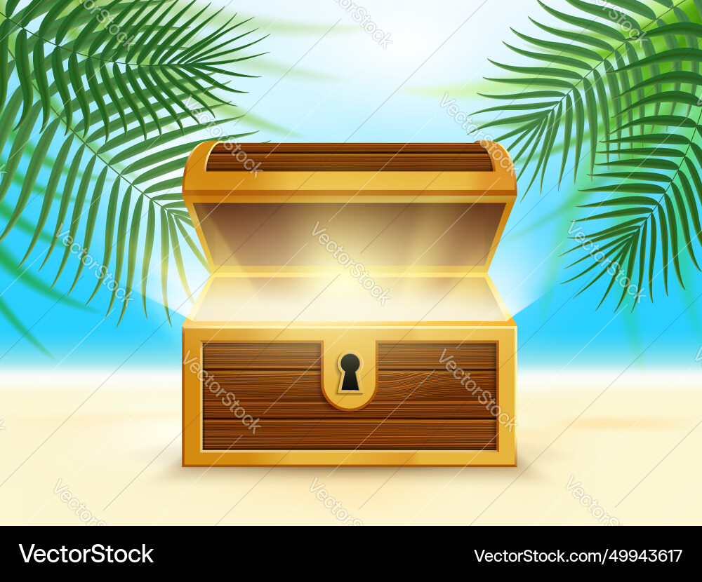 Open wooden treasure chest with glowing inside Vector Image