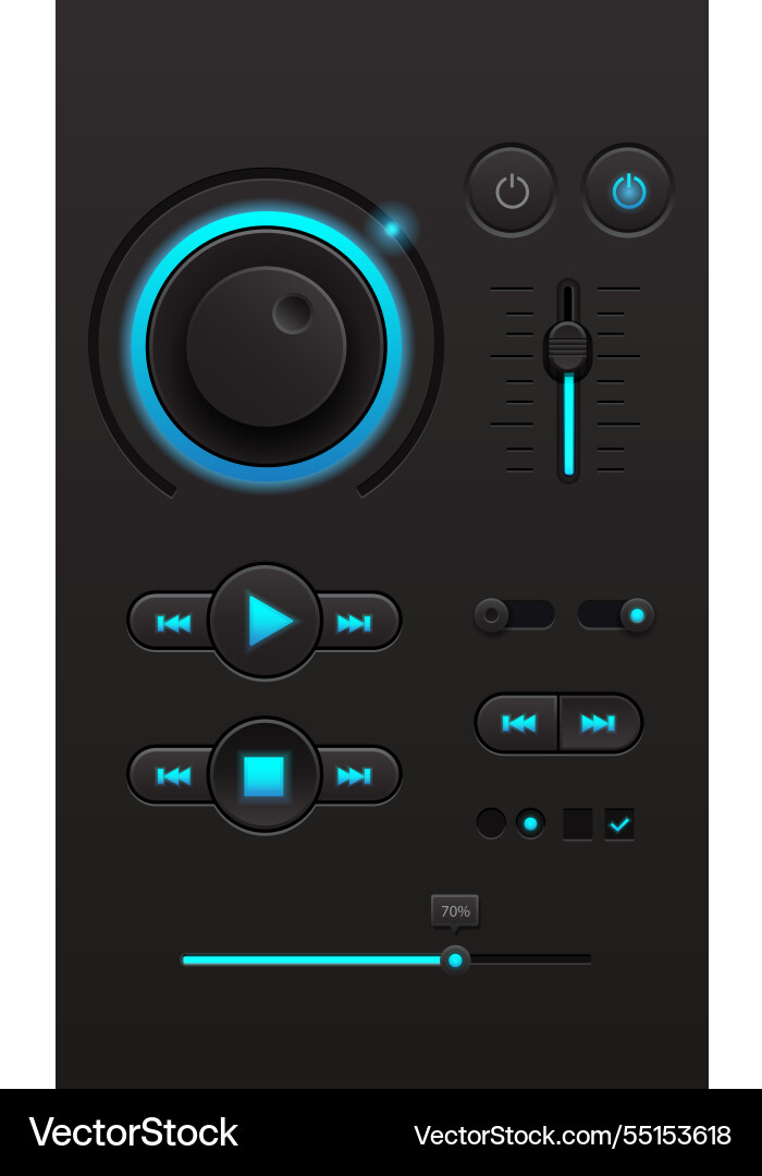 User interface button grey blue light power audio Vector Image