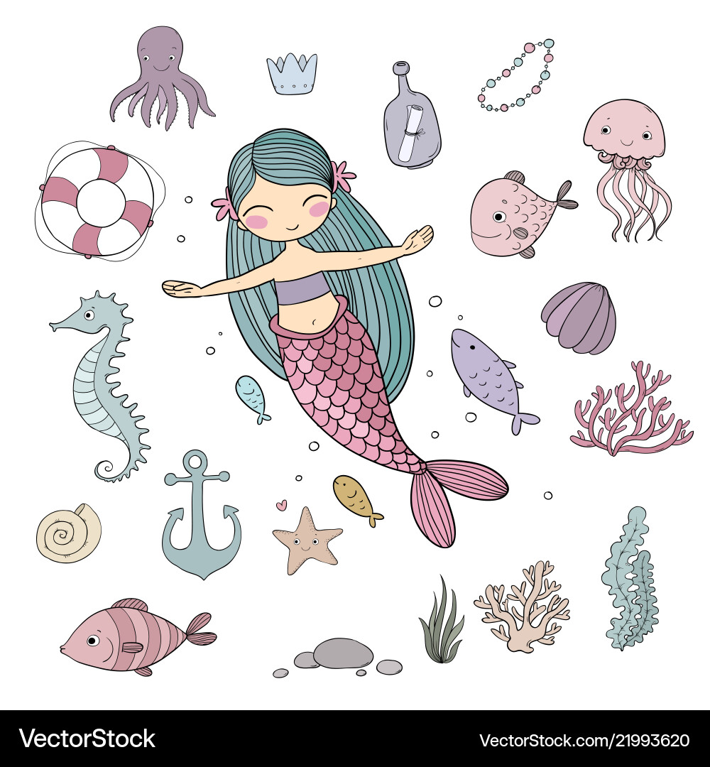 Cute Marine Cartoon Set Royalty Free Vector Image