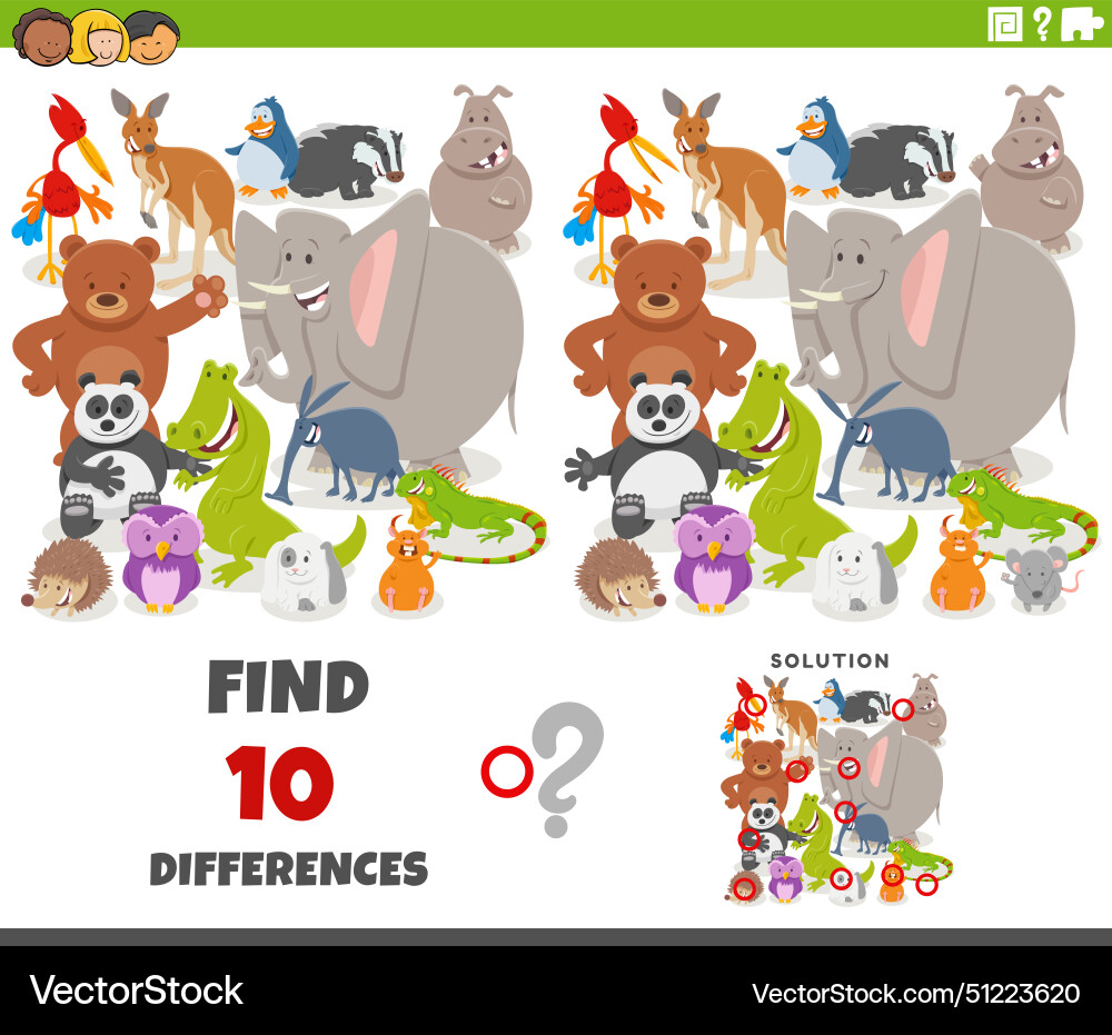 Differences activity with cartoon wild animals Vector Image