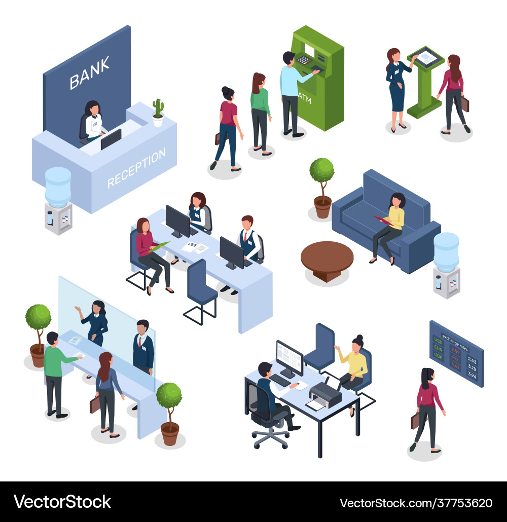 Isometric bank financial consultation atm queue Vector Image