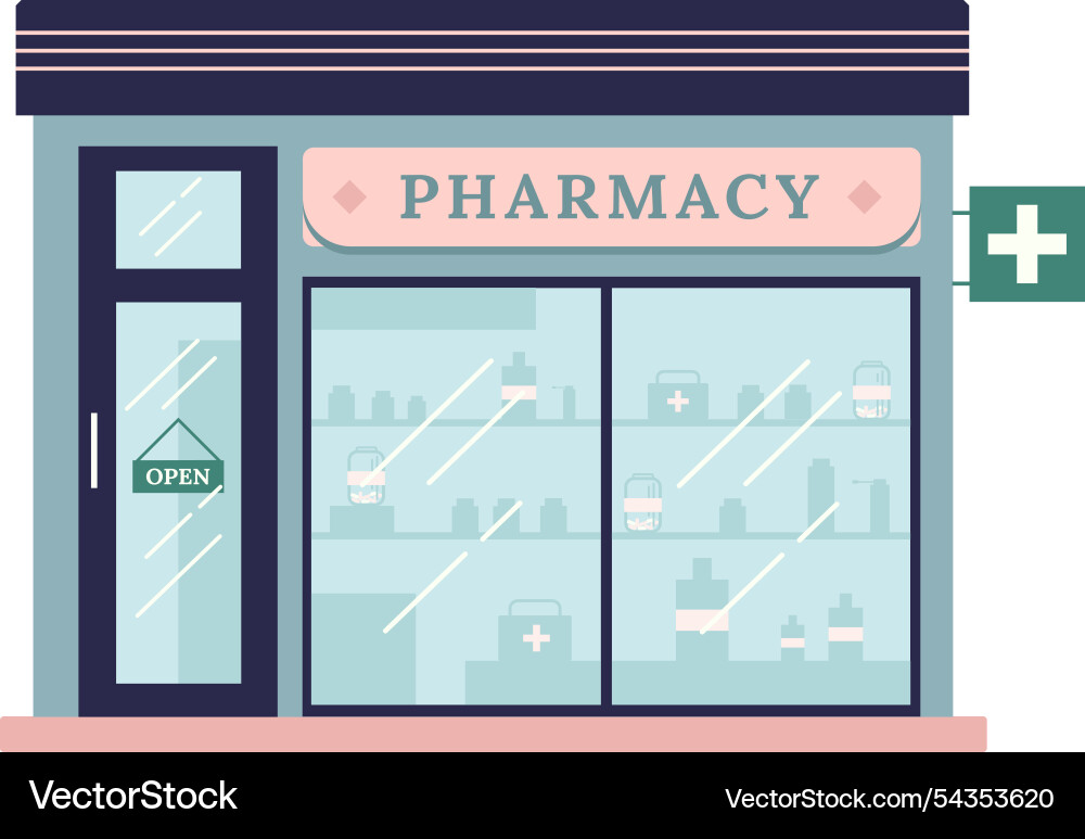 Pharmacy store building with open sign displaying Vector Image