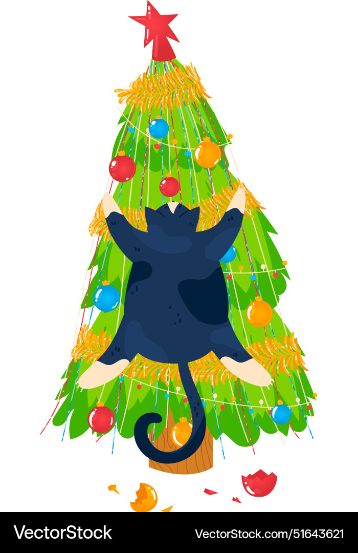 Cartoon black cat climbing christmas tree tangled Vector Image