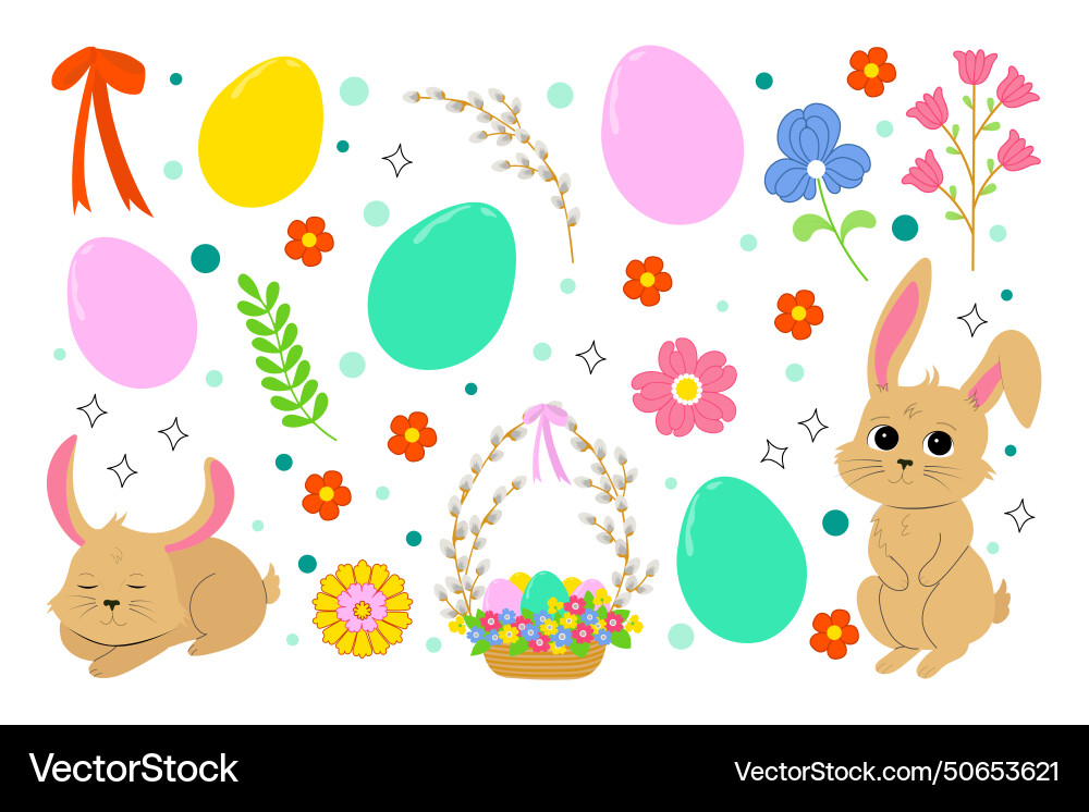Easter set of rabbits flowers and decorations Vector Image