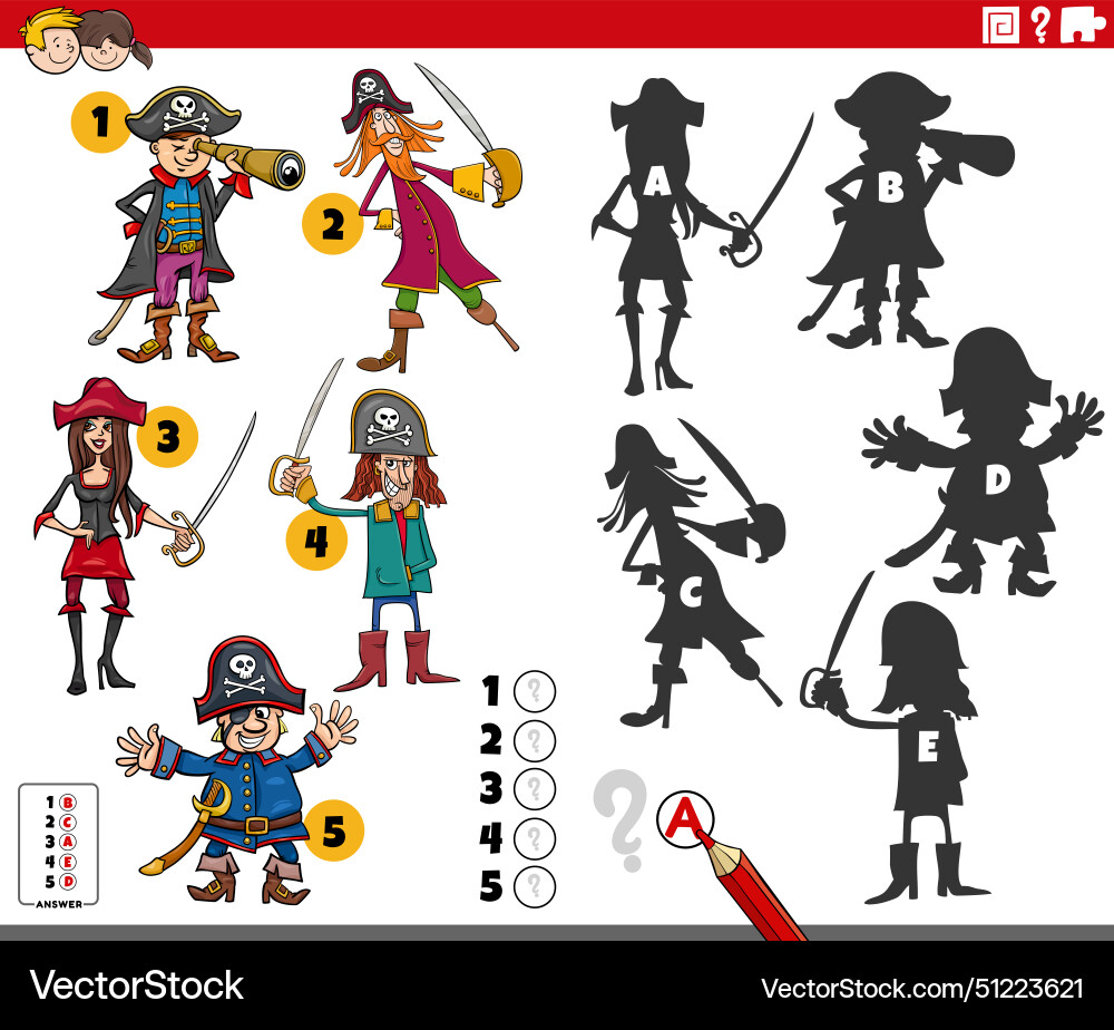 Finding shadows activity with cartoon pirates Vector Image