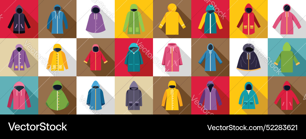 Raincoat icons set large of colorful Royalty Free Vector