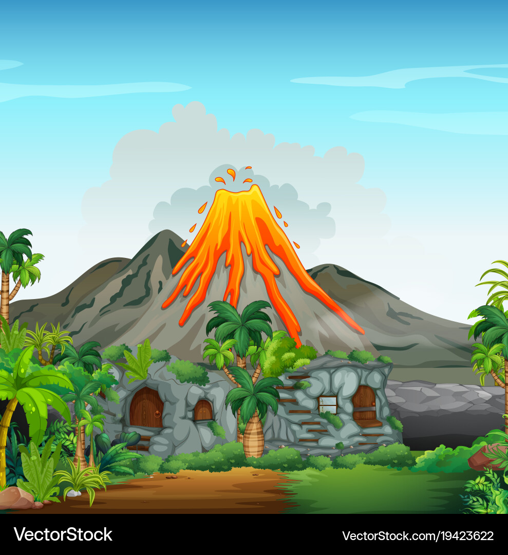 Scene with volcano and cavehouse Royalty Free Vector Image