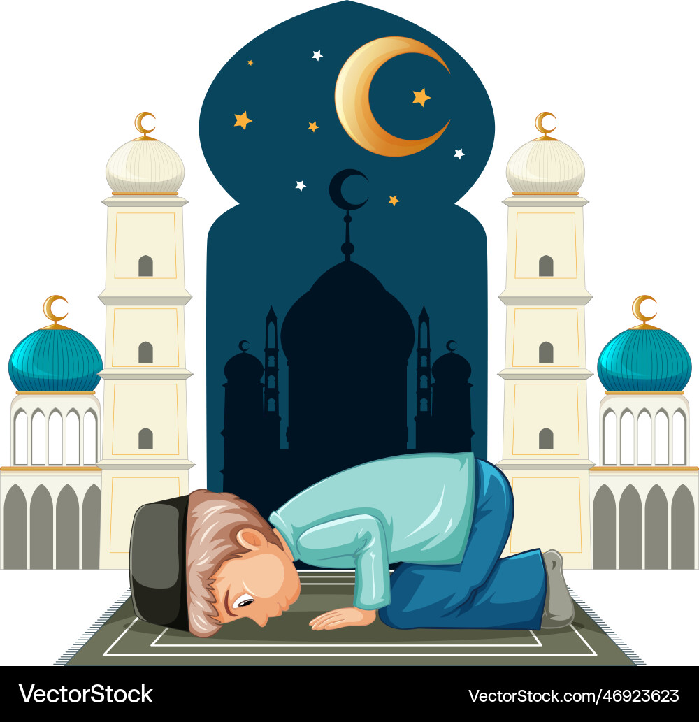 Muslim boy praying in cartoon style Royalty Free Vector
