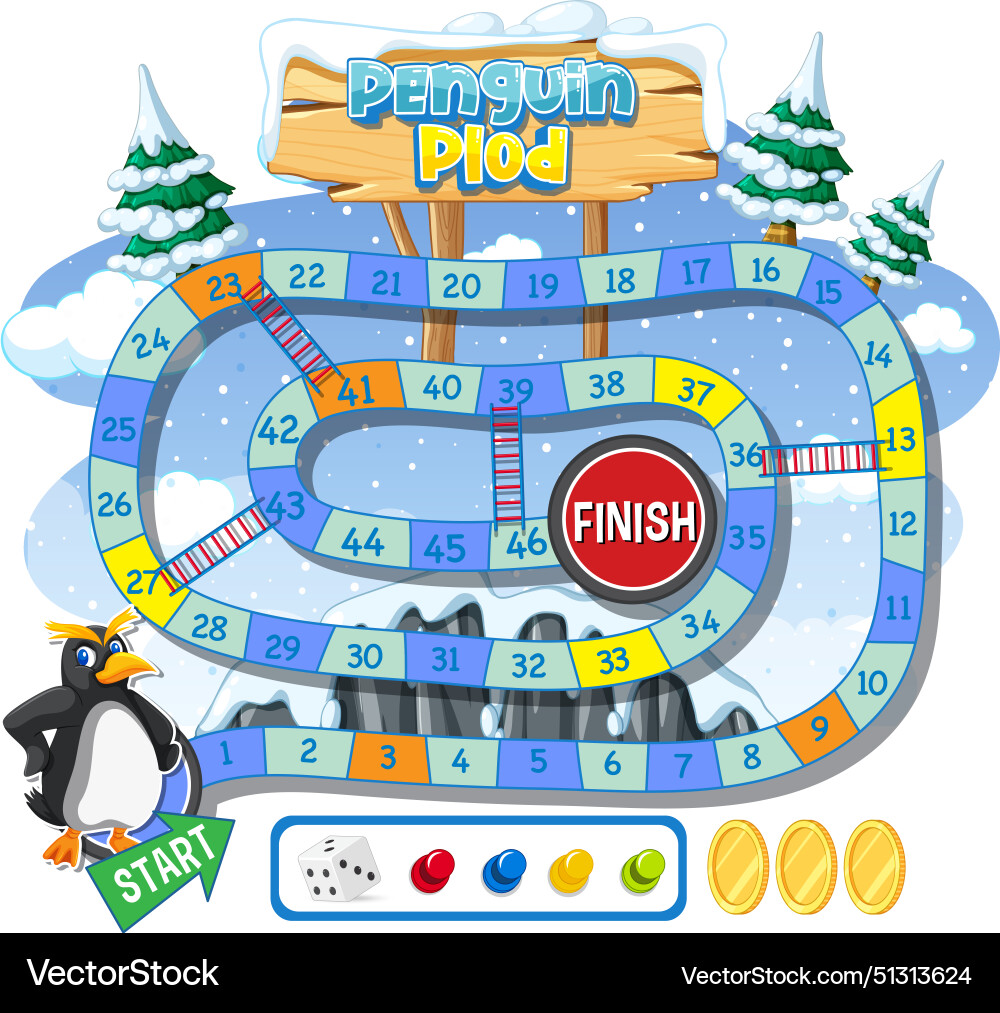 Colorful board game layout with penguin and dice Vector Image