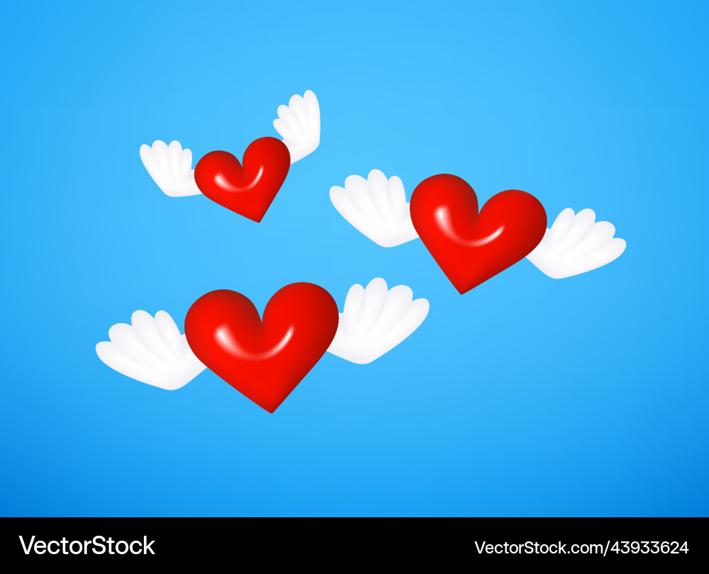Red hearts flying with the wings 3d concept Vector Image