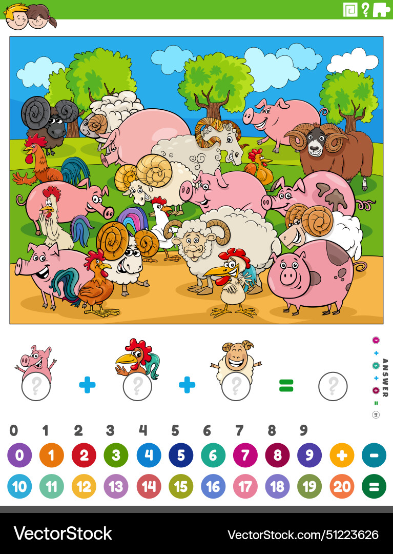 Counting and adding task with cartoon farm animals