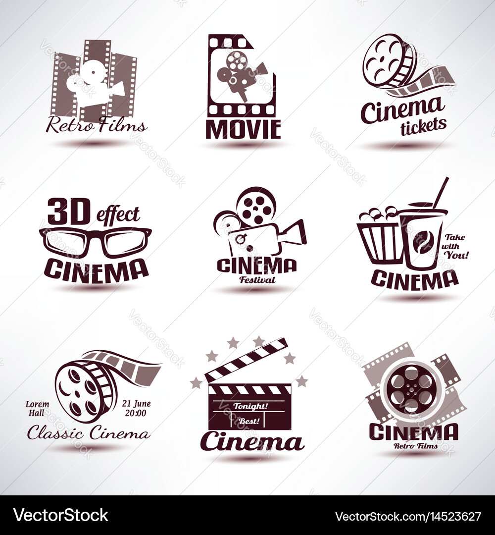 Cinema symbols and retro emblems collection Vector Image
