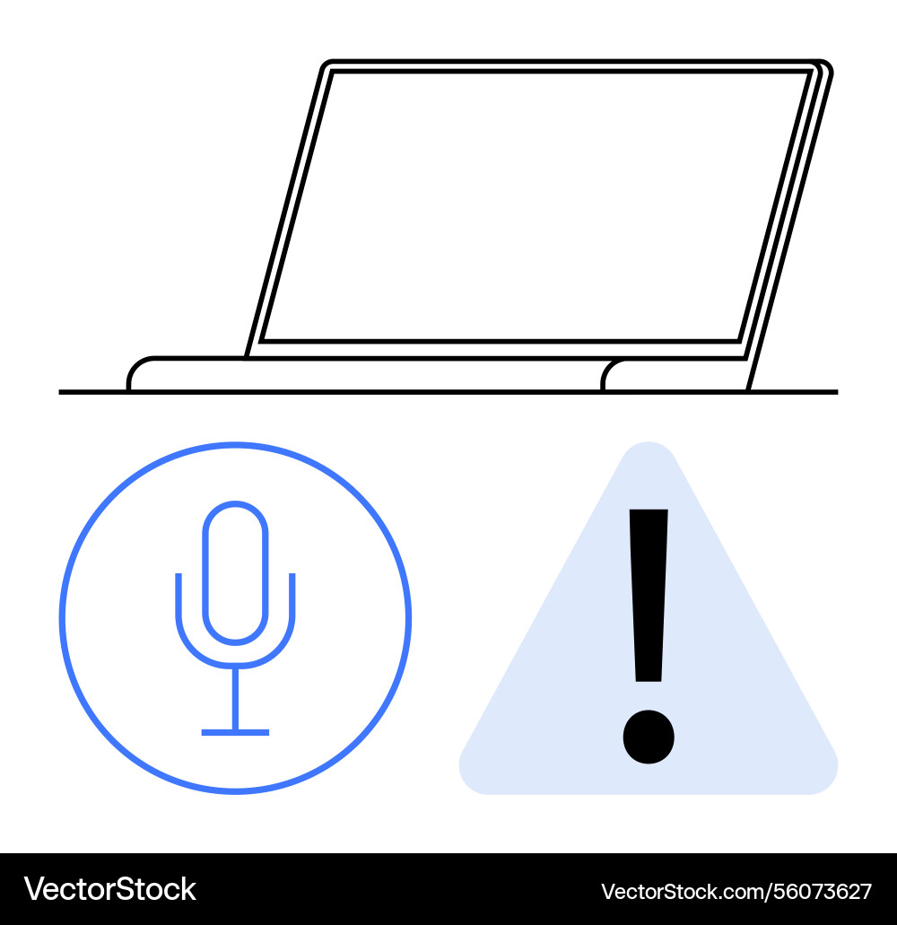 Laptop with microphone icon and caution symbol Vector Image