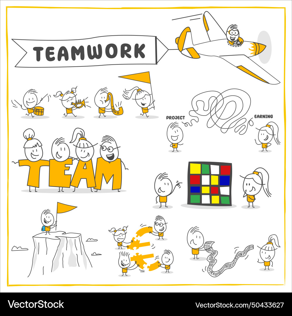 Stick figures teamwork hand drawn doodle line art Vector Image