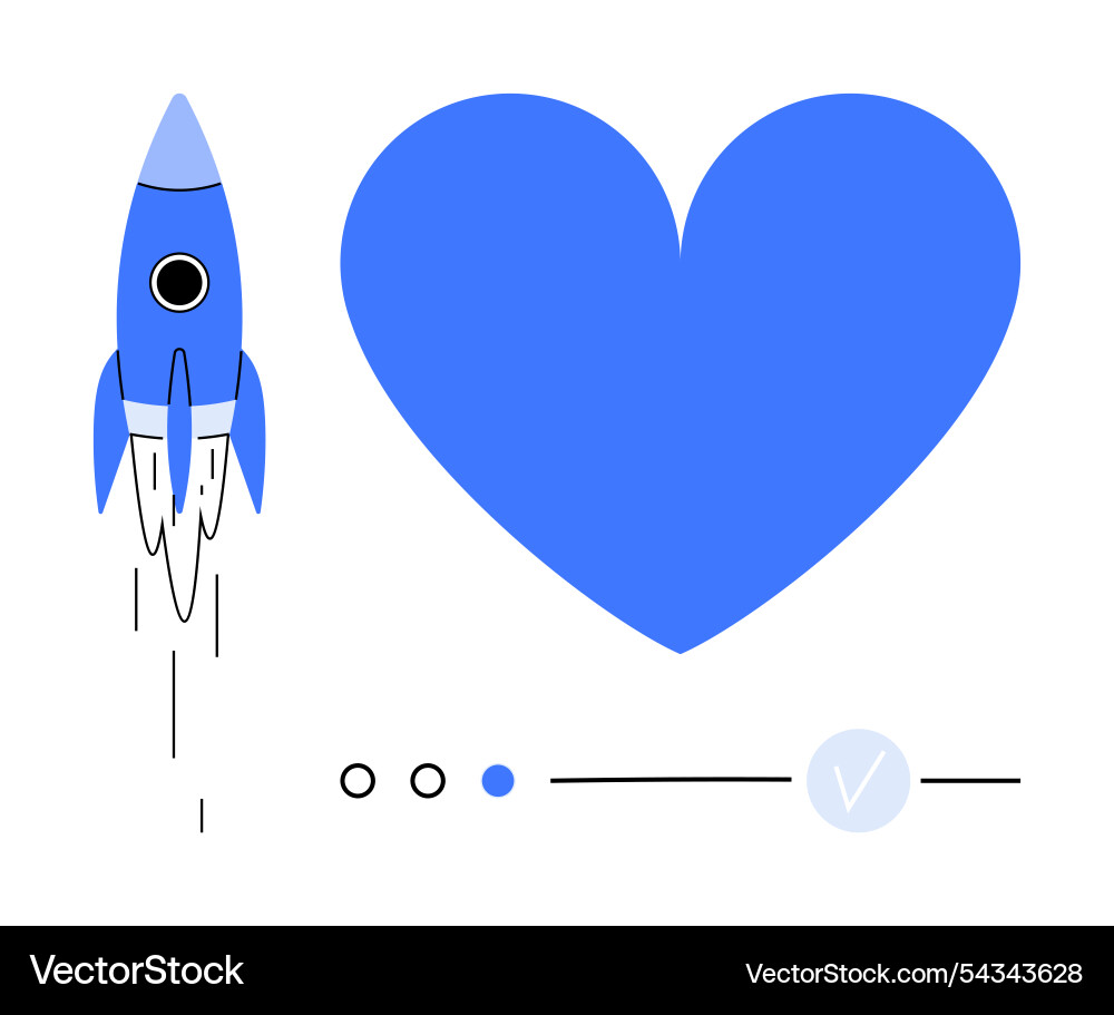 Blue rocket launching and a large heart Royalty Free Vector