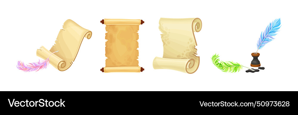 Old scroll manuscript with quill and inkstand Vector Image